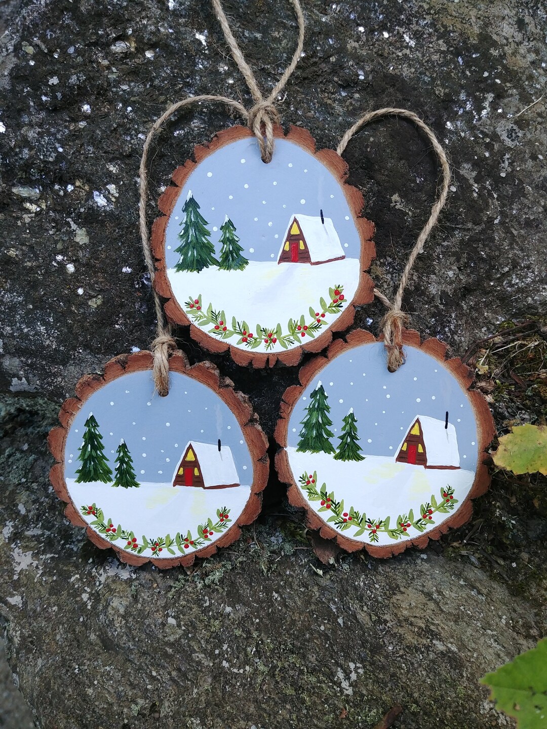 Snowy A-frame Cabin Wood Slice Ornament, Rustic Ornament, Wooden ...