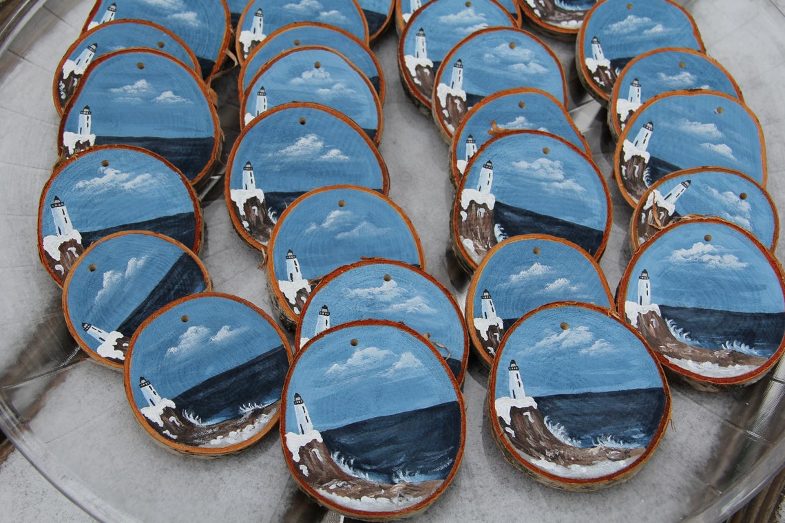 Lighthouse Wood Slice Ornament, Rustic Wood Decor, Wooden Ornament ...