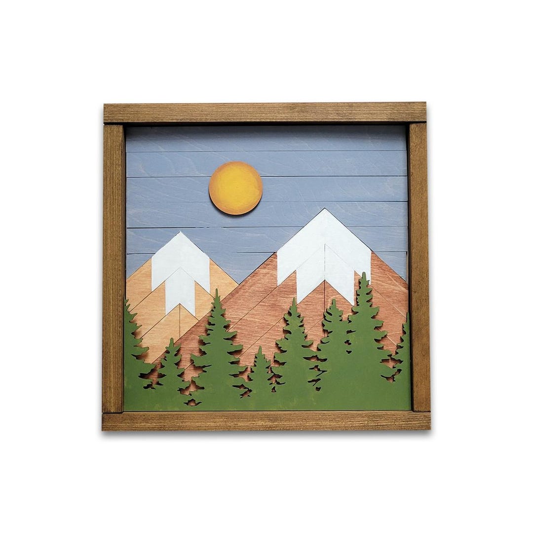 Sunny Sky Mountain Wall Art, Wood Slat Mountain Wall Art, Rustic ...