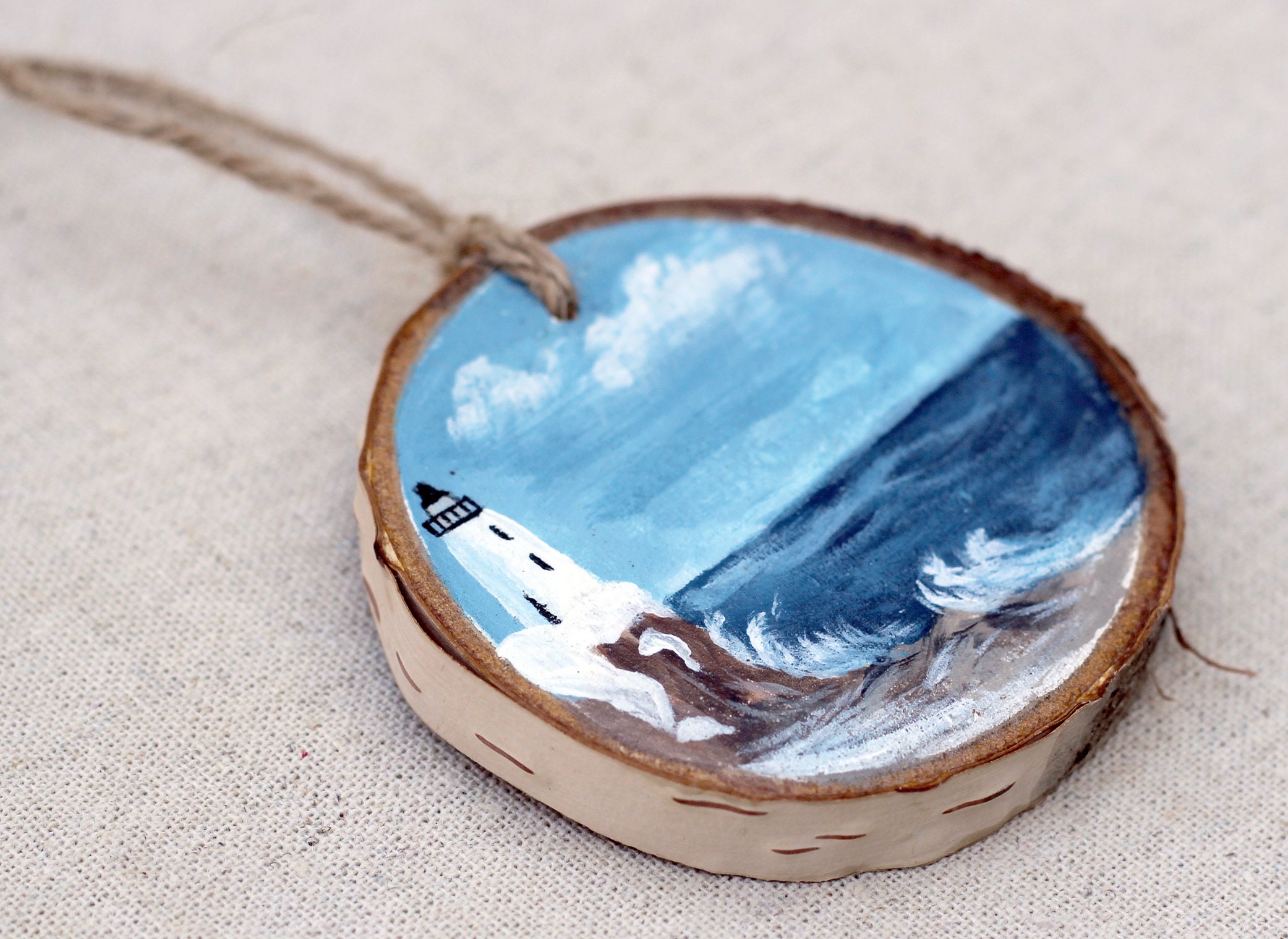 Lighthouse Wood Slice Ornament, Rustic Wood Decor, Wooden Ornament ...