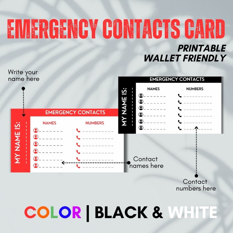 Printable Emergency Contact Card - Etsy
