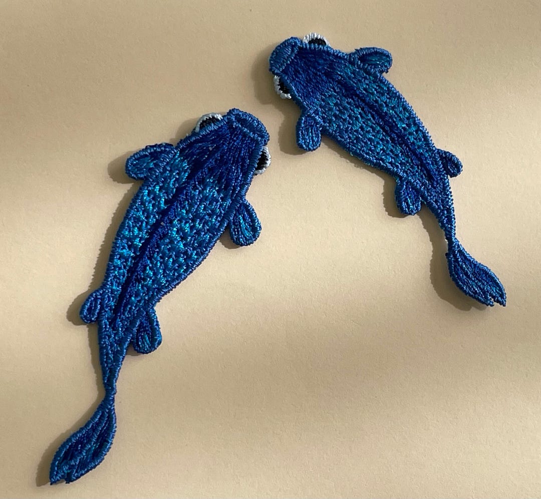 One Pair of Blue Colour Fish Sew on Embroidered Patch Appliqués Badge ...