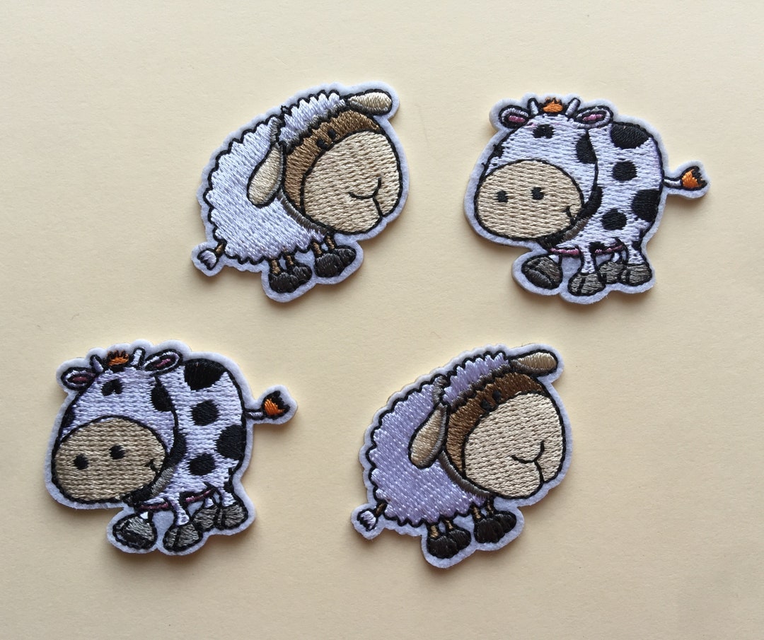 Set of 2 Farm Yard Animal Cow Sheep Iron on Sew on Full Embroidered ...