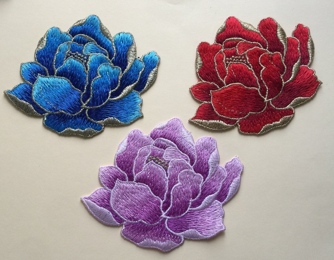 Peony Flower Sew on Embroidered Patch Appliqués Badge, Three Colours ...
