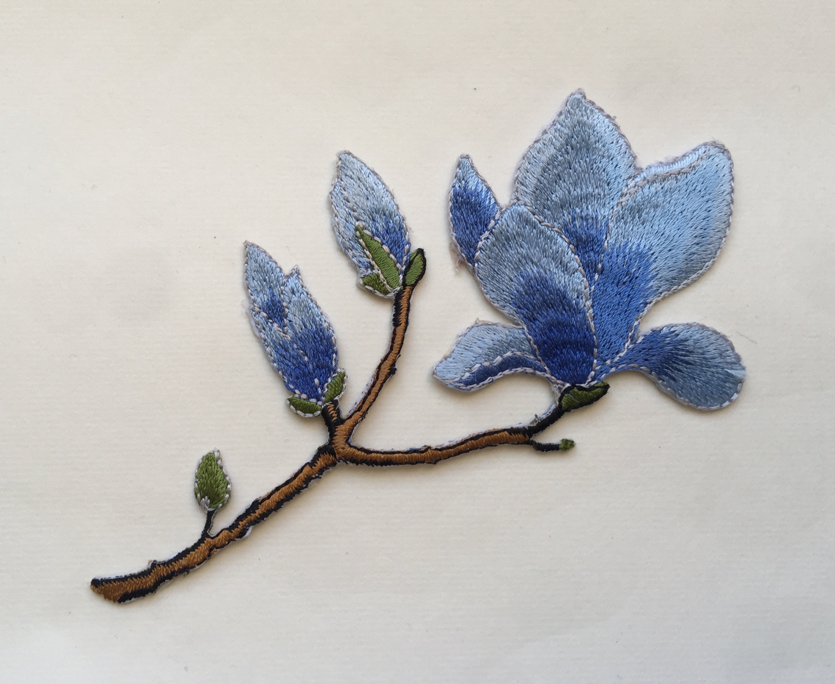 Blue Magnolia Flower Iron-on Sew on Embroidered Patch Appliqués - Set ...