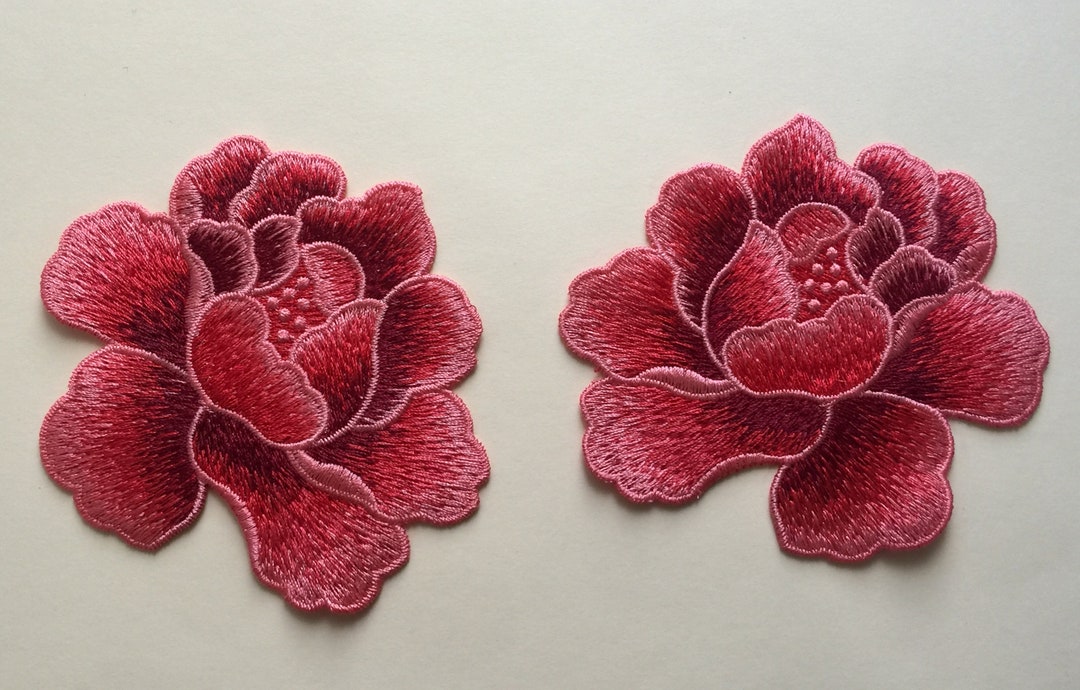 Set of 2 Rose Flowers Patches Sew on Full Embroidered Patch Appliqués ...