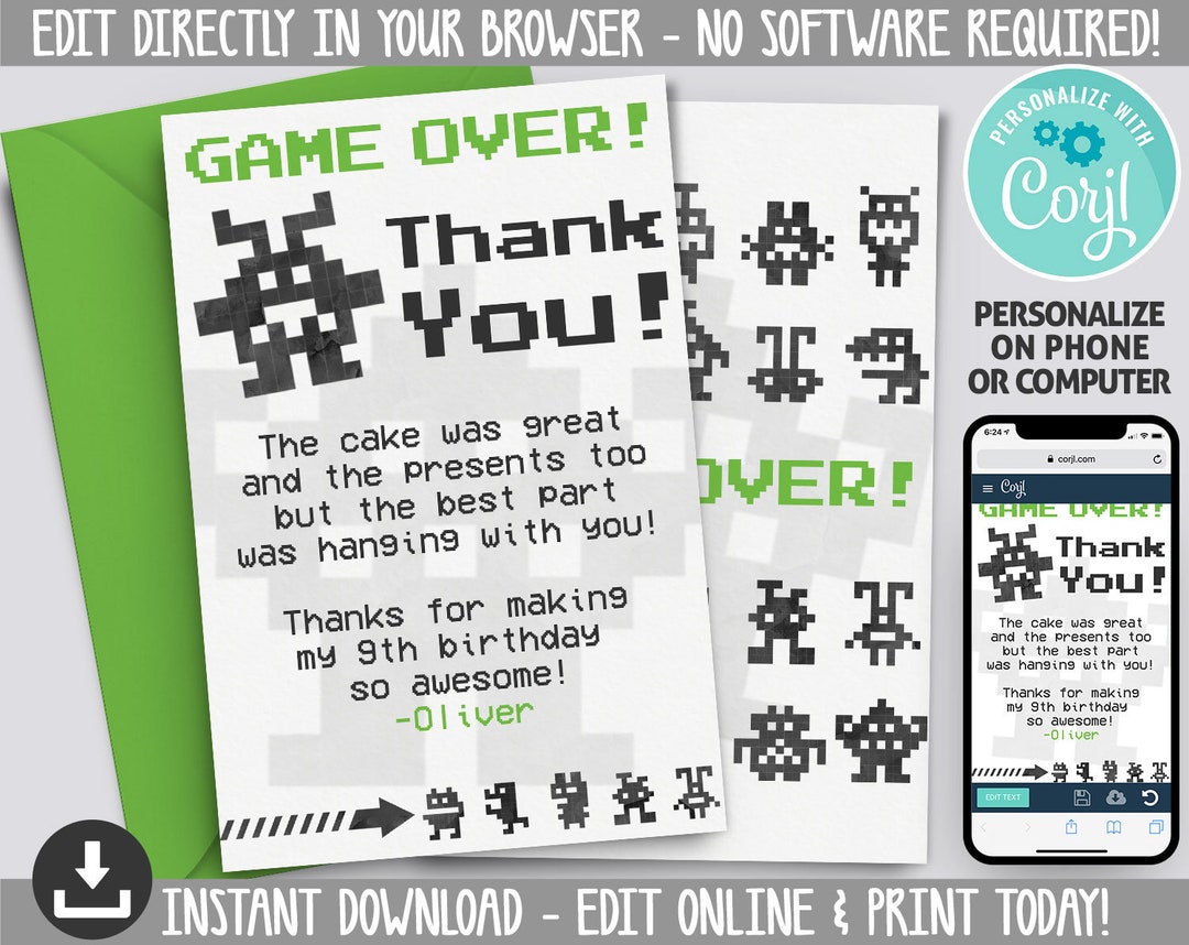 Game Over Thank You Card INSTANT DOWNLOAD Printable Game - Etsy