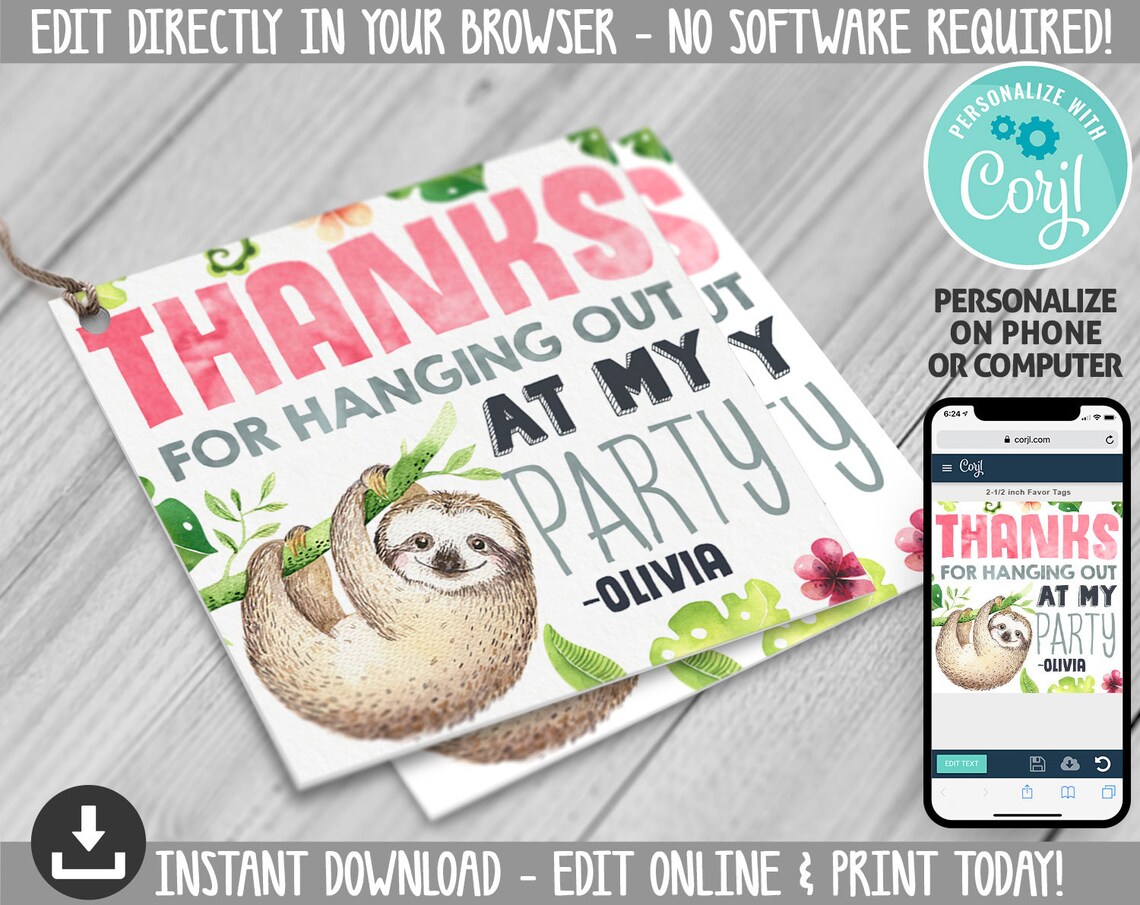 Sloth Thank You Tags INSTANT DOWNLOAD Printable Sloth | Etsy