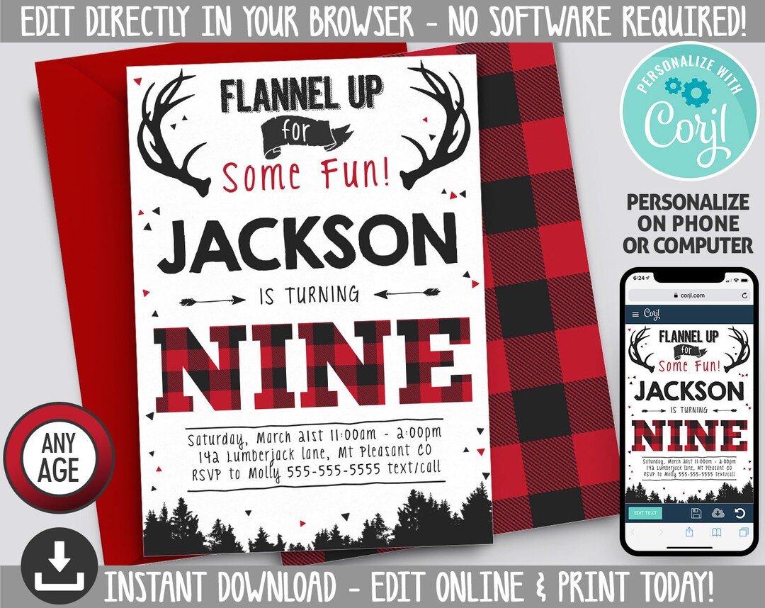 Red Plaid Birthday Invitation INSTANT DOWNLOAD Printable - Etsy