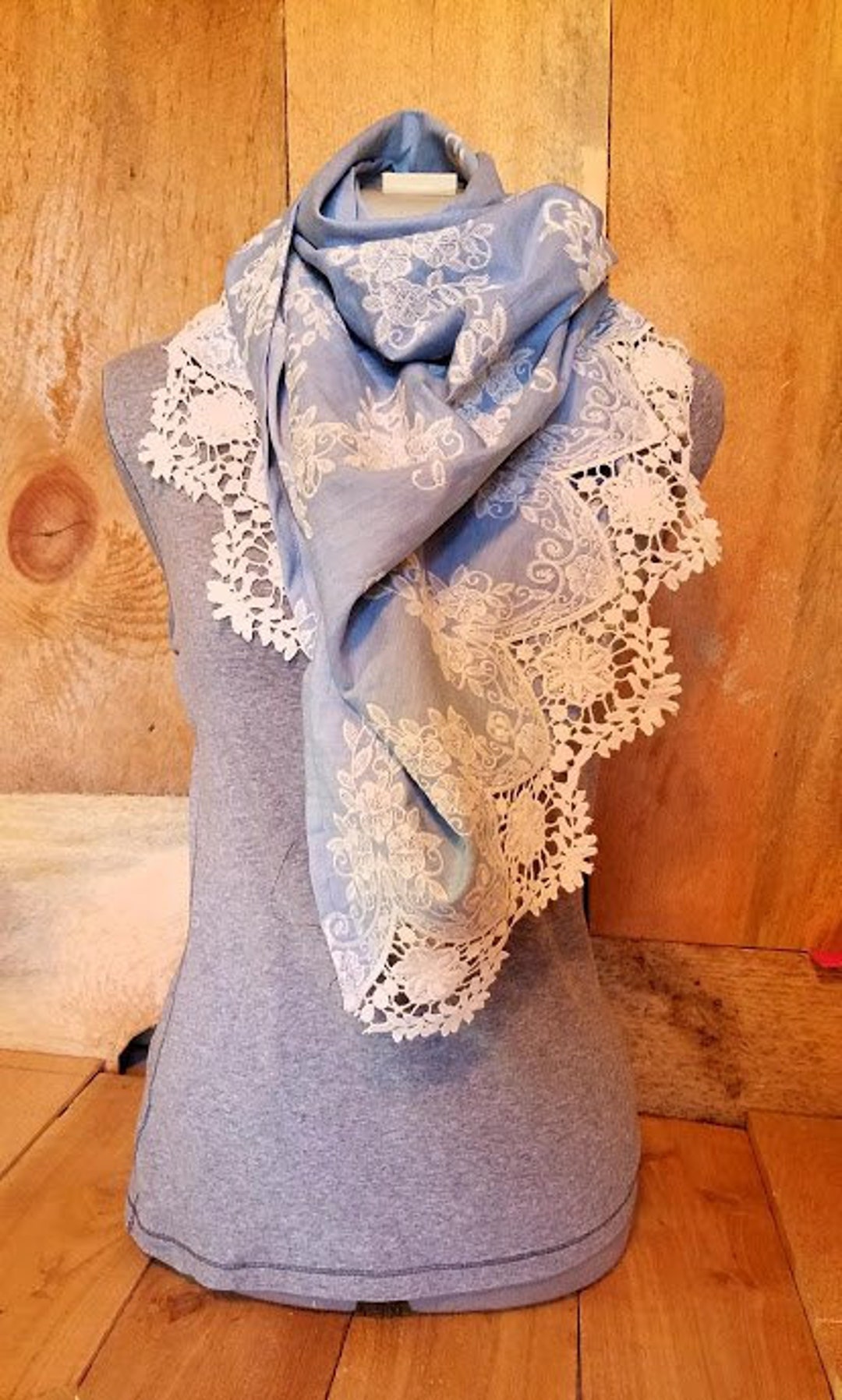 Blue With Lace Triangle Scarf - Etsy