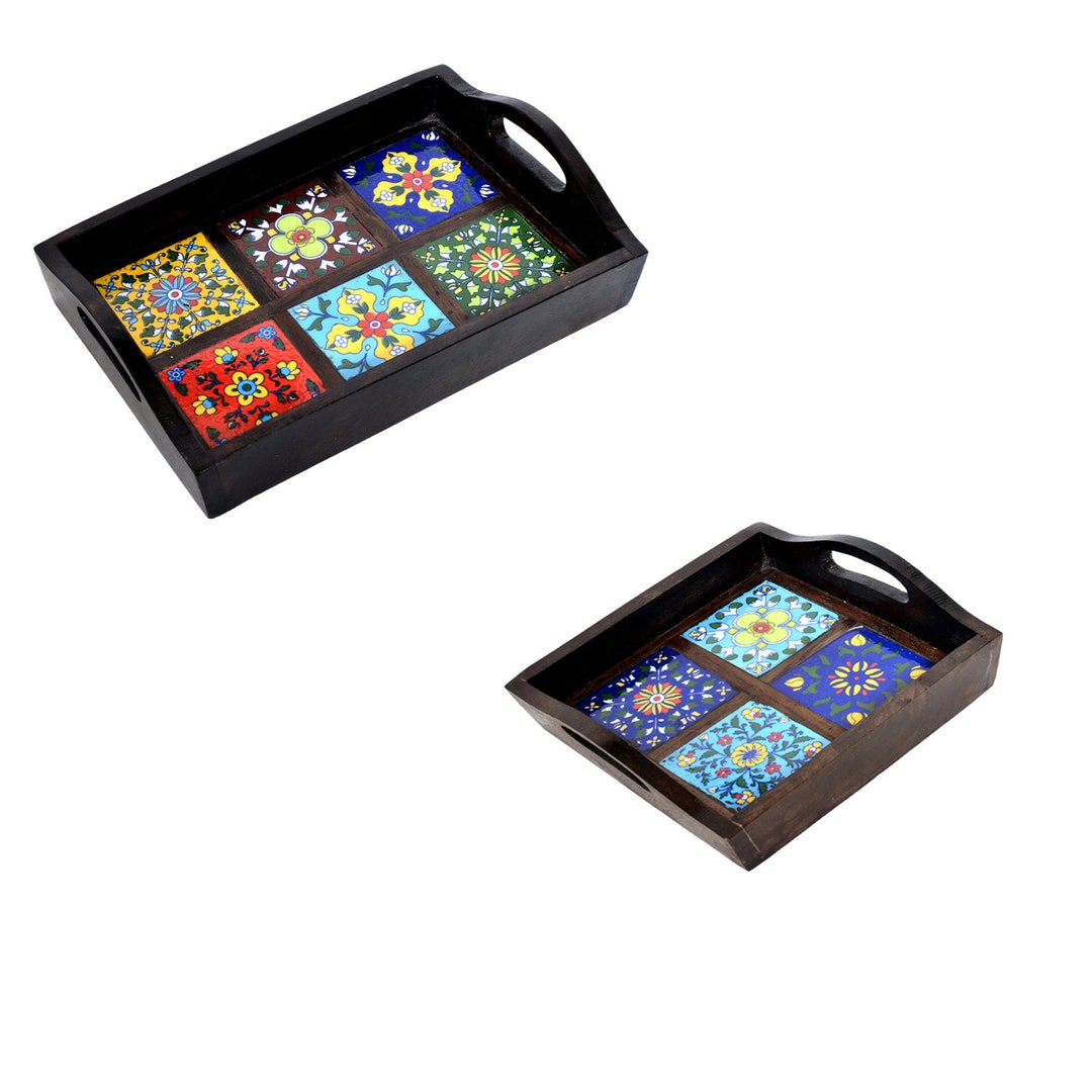 Handmade Wooden Serving Tray, Tiles Fitted Tray Set of 2, Indian ...