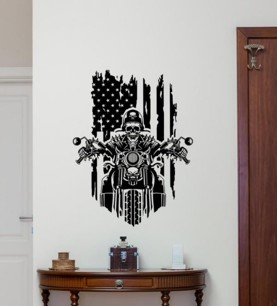 American Flag Skeleton Motorcycle Decal Vinyl Wall Sticker Skull Biker ...