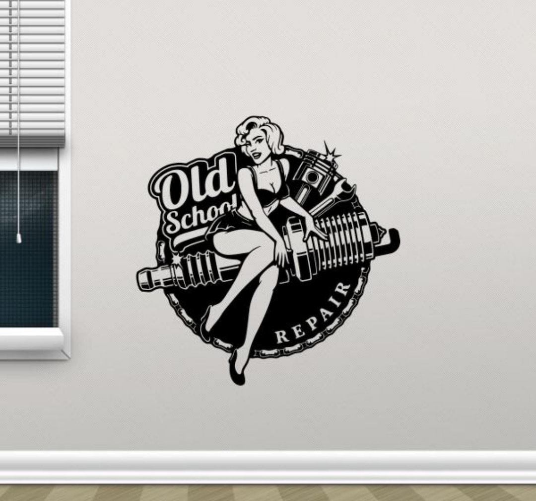 Old School Pin up Girl Wall Decal Vinyl Sticker Repair Wall Art Retro ...