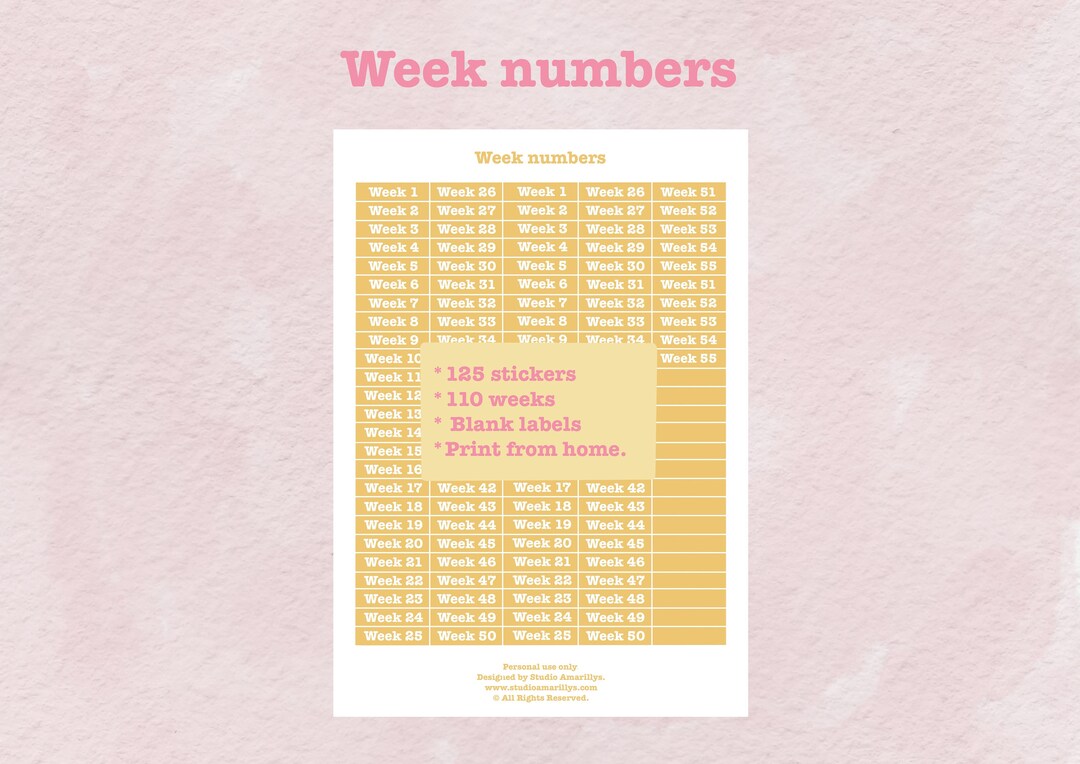 Printable Week Number Planner Stickers, Spring Pastel, 55 Weeks, 125 ...