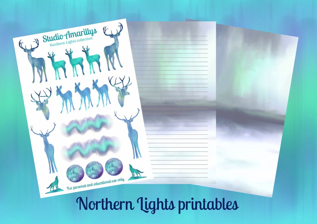 Northern Lights Printable Bundle, Letter Paper, Sticker Sheet, Winter ...