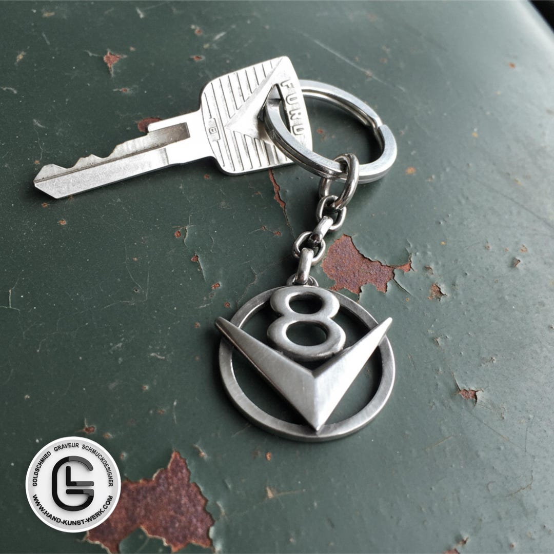 V8 Emblem Keychain | Vintage Car Emblem Key Ring | Handmade in Brass ...