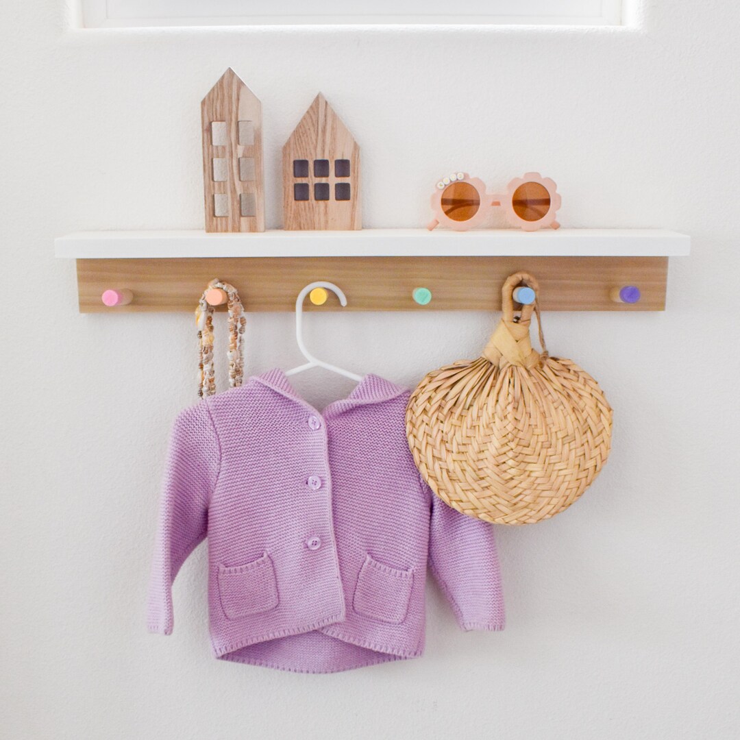 Natural Wood Peg Rail Shelf With White Top: Nursery Clothes Rack - Etsy