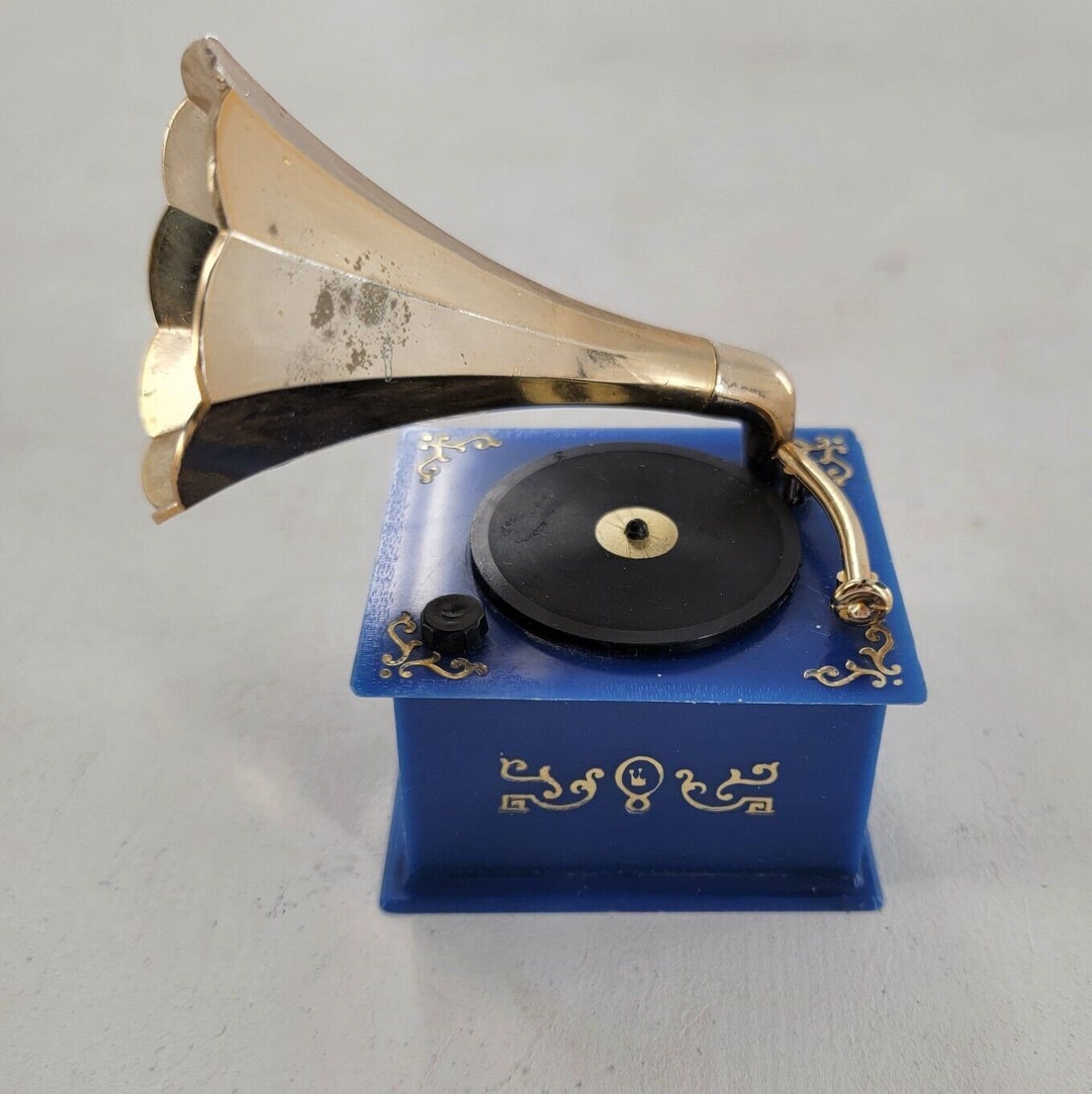 Vintage Gramophone Record Player Music Box Blue & Gold Made in Germany ...