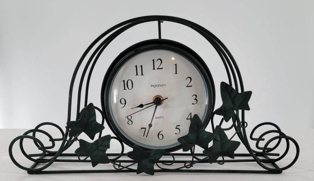 Ingraham Quartz Mantel Clock Metal Scroll Wire Frame With Green Ivy ...