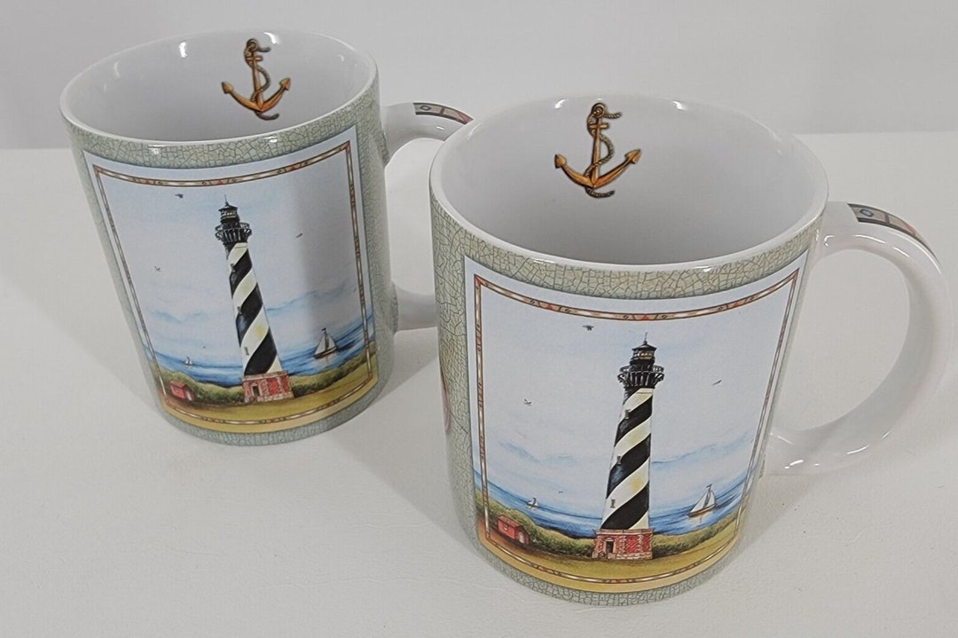 Set of 2 Cape Shore Maine Coffee Tea Cup Ceramic Lighthouse Anchor ...