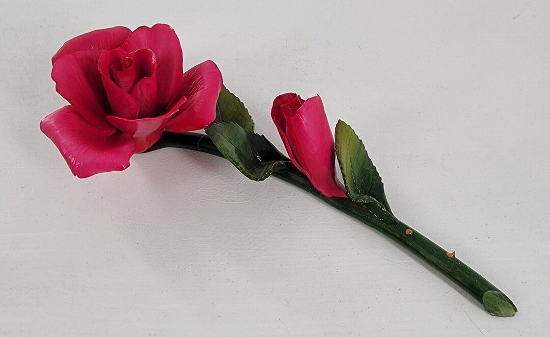 Vintage Capodimonte Rose Bud & Bloom Pink on Stem Porcelain Flower ...