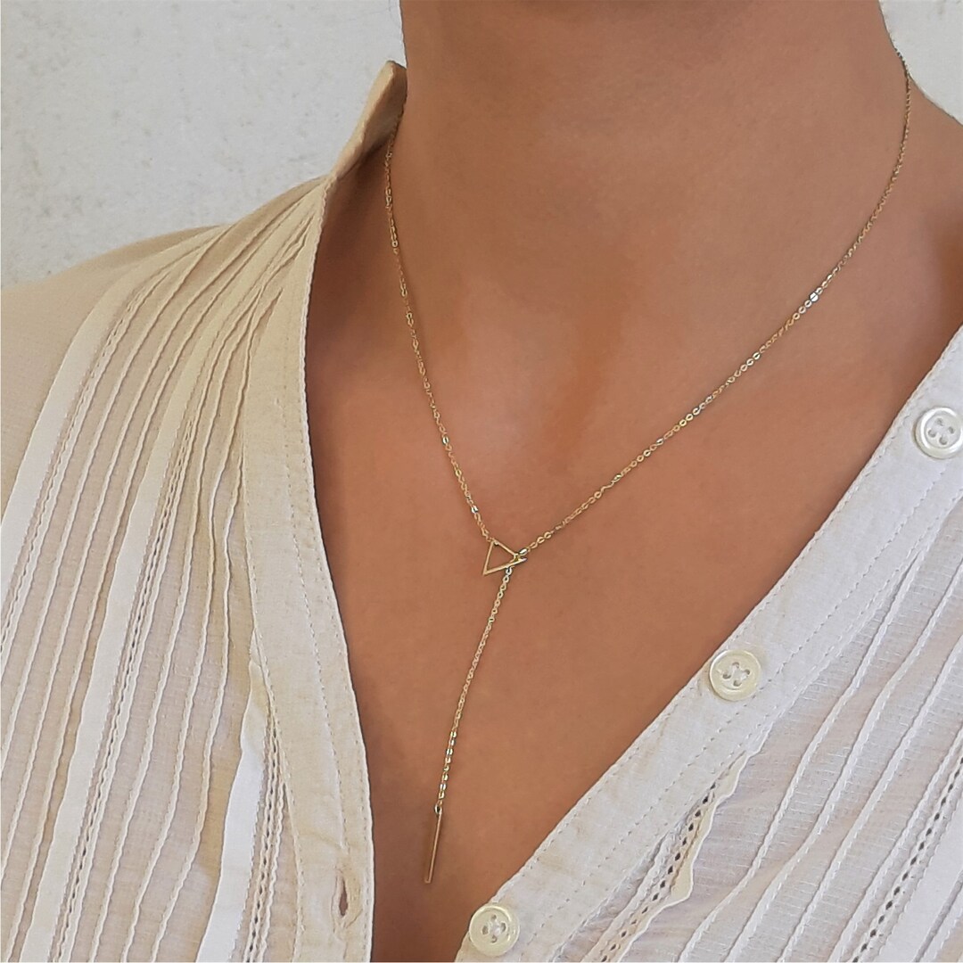 14k White Gold Triangle and Vertical Bar Lariat Necklace,14k Solid Gold ...