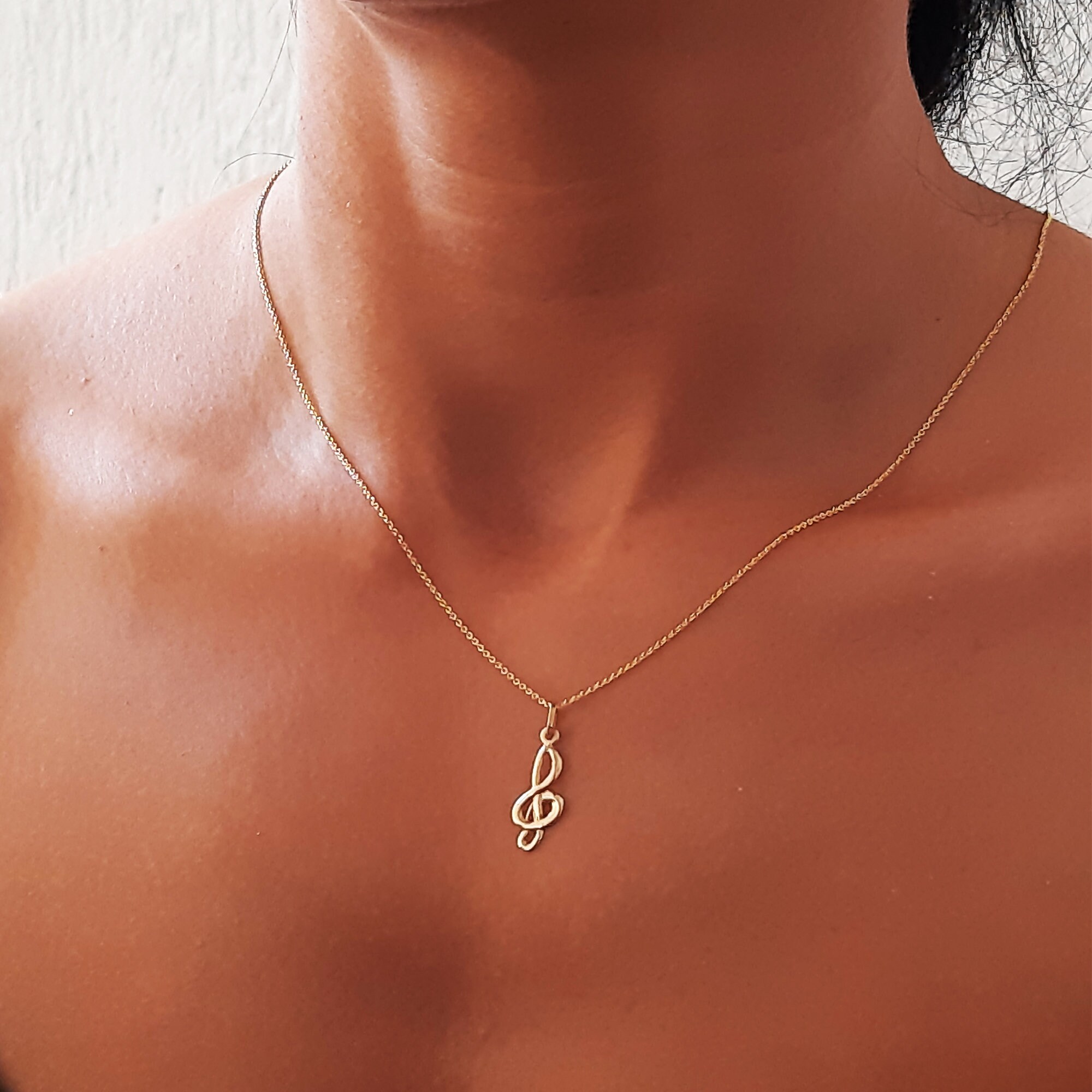 14k Yellow Gold Treble Clef Necklace, Solid Gold Treble Clef Necklace ...
