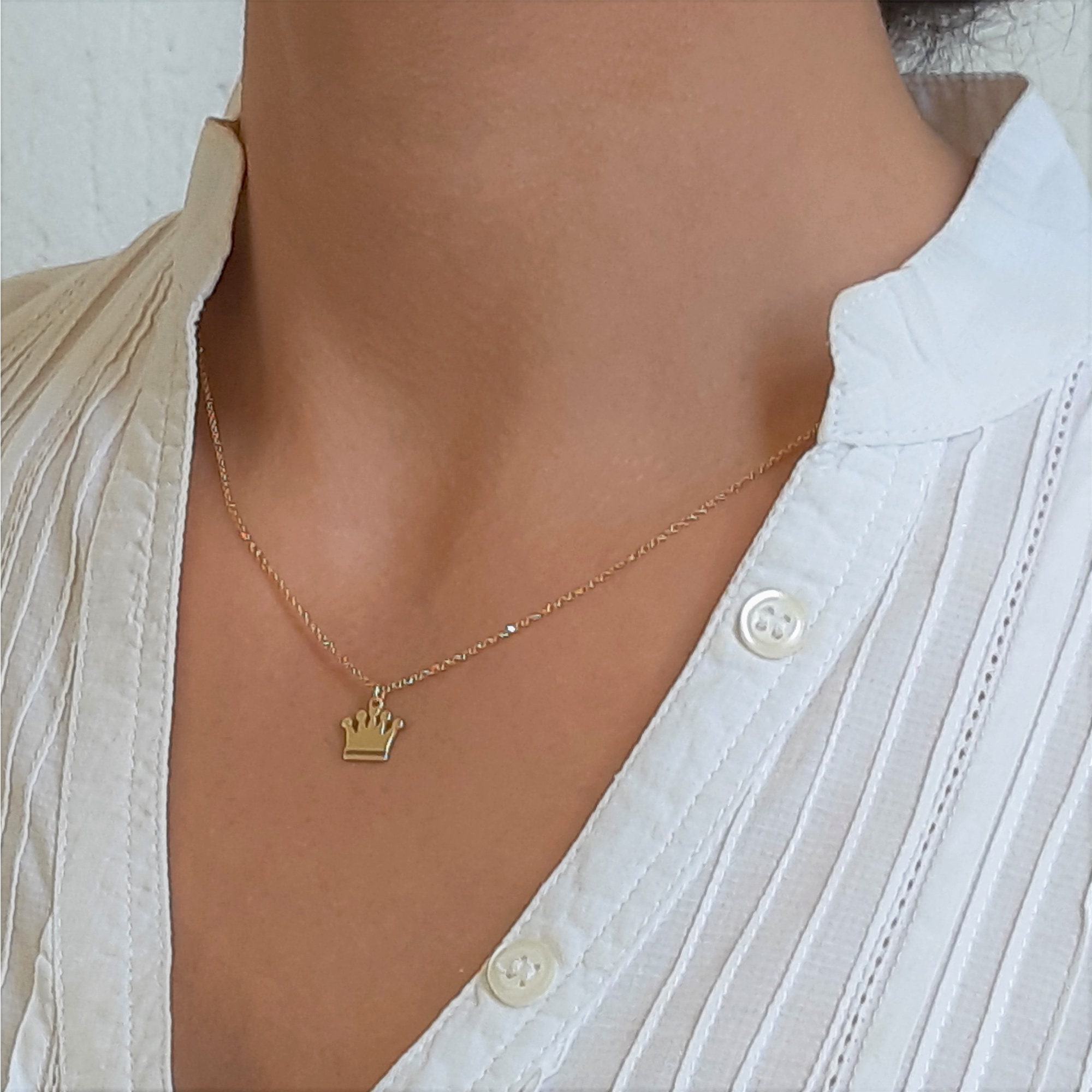 Tiny Solid Gold Crown Necklace 14k White Gold Crown Necklace - Etsy
