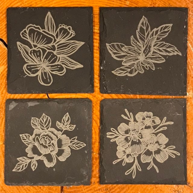 Set of 4 Slate Laser Engraved Coasters Floral Design 1 - Etsy UK