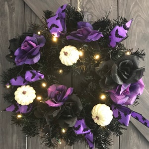 Hallowreath; Gothic Pumpkin Wreath; Black N Purple Wreath; Lighted Faux ...