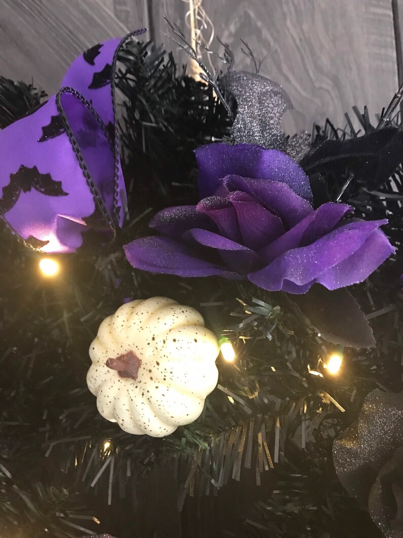 Hallowreath; Gothic Pumpkin Wreath; Black N Purple Wreath; Lighted Faux ...