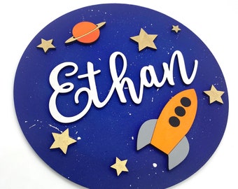 Space Themed Name Plaque With Rocket Planet and Stars | Etsy