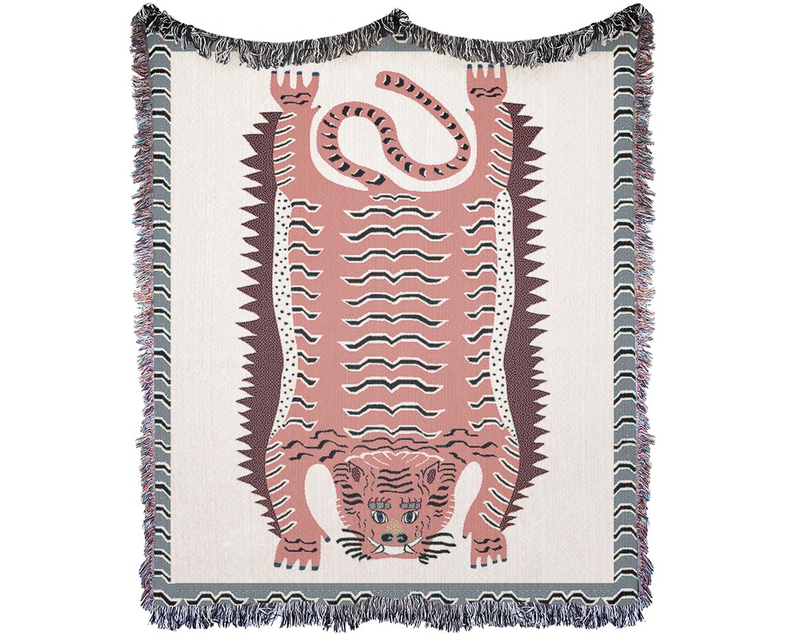 Pink Tiger Throw Blanket Art Woven Blanket Tiger Folk Art | Etsy