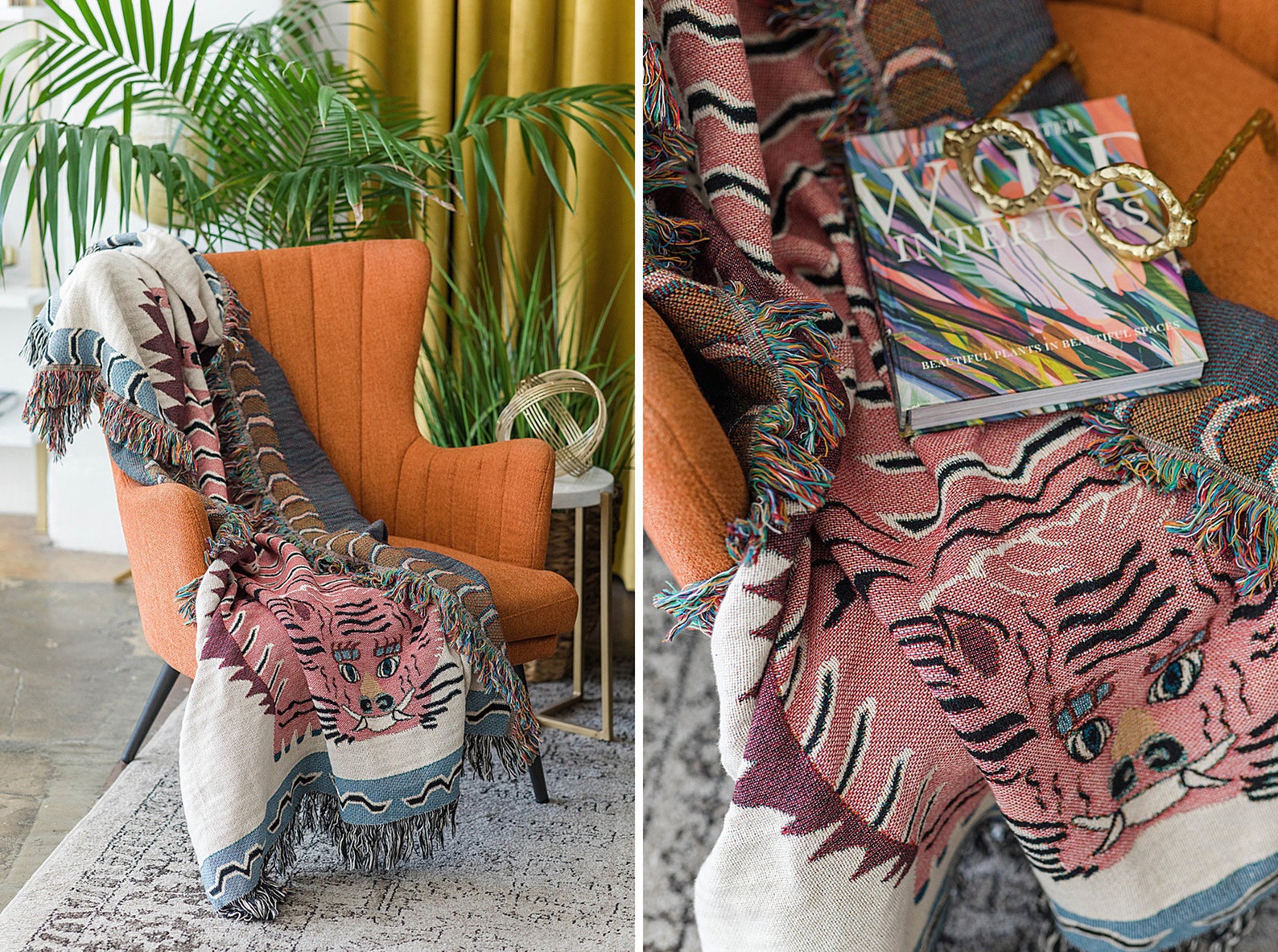 Pink Tiger Throw Blanket Art Woven Blanket Tiger Folk Art - Etsy