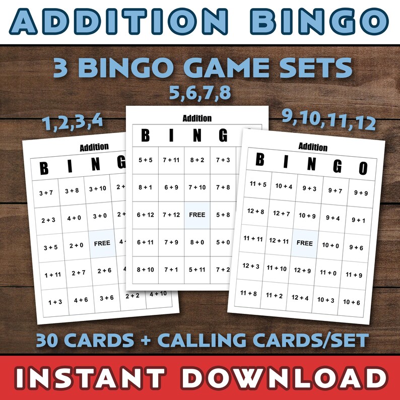 Addition Bingo Game: Print and Play With 30 Unique Cards (1-12 Addition ...