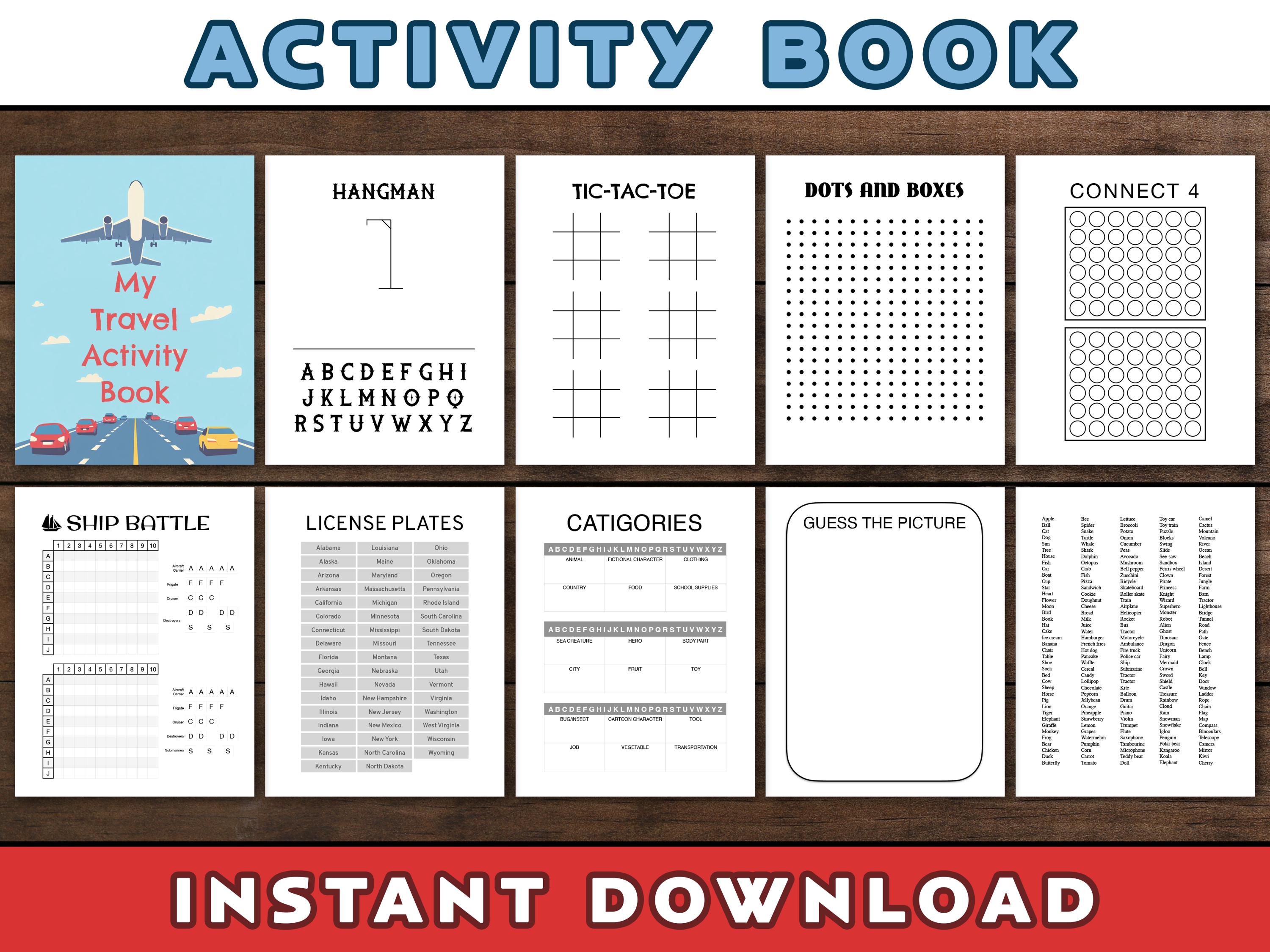 Travel Activity Book | Tic Tac Toe | Dot Game | Hangman | Printable ...
