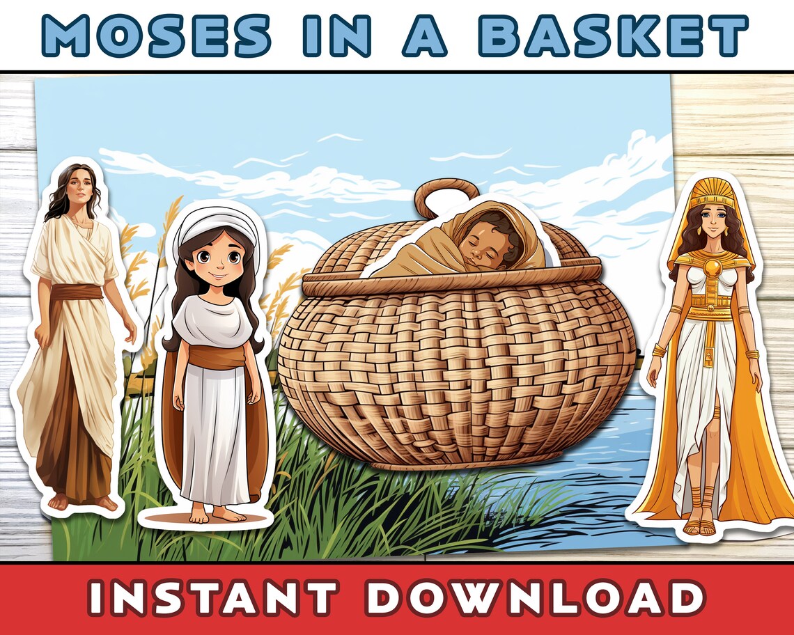 Moses in a Basket Craft & Puppets: Bible Class Art Project (digital ...
