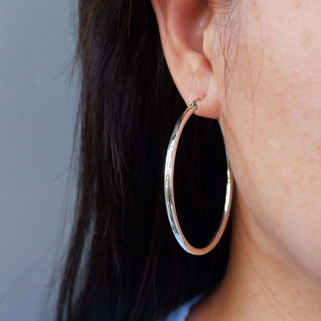 Silver Round Large Hoop Creole Earrings, 925 Sterling Silver Hoop ...