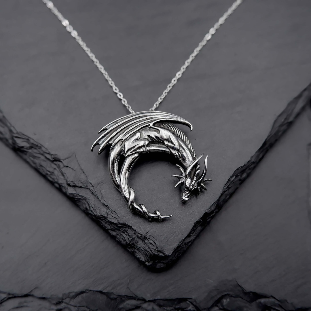 Sterling Silver Dragon Pendant Necklace, Medieval Winged Dragon Pendant ...