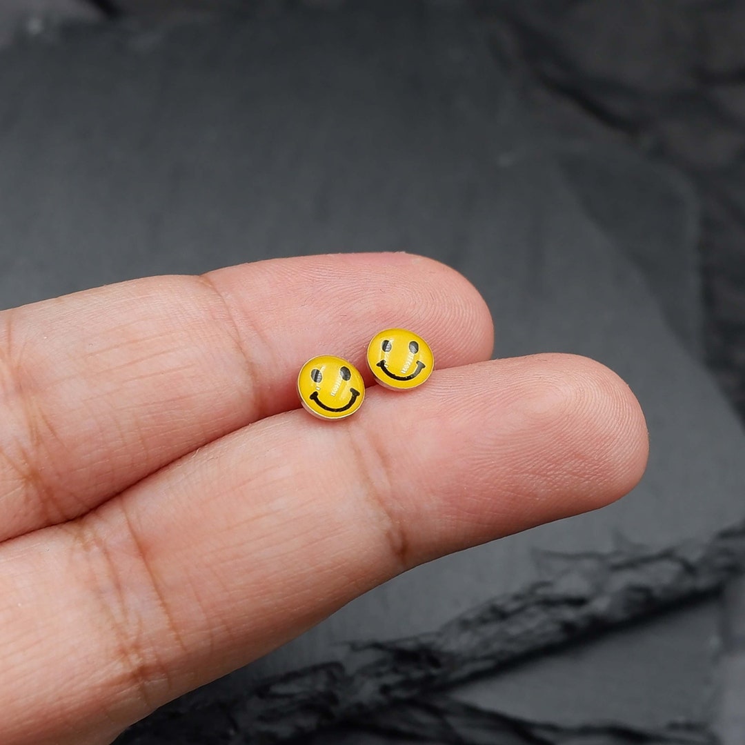 Yellow Smiley Face Stud Earrings, 925 Silver, Yellow Happy Face Stud ...
