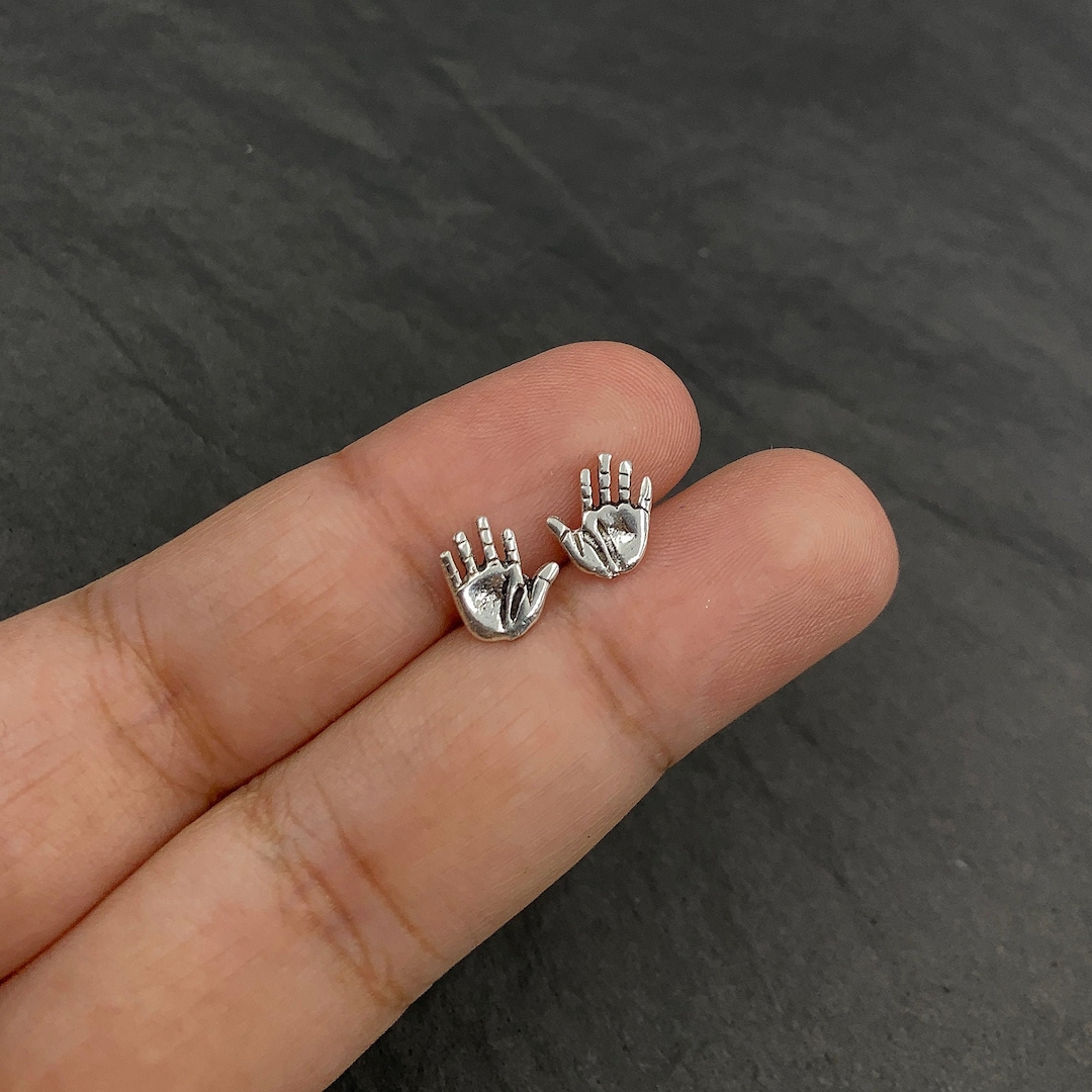 Silver Tiny Hand Palm Stud Earrings, 925 Silver Hand Palm Goth Stud ...