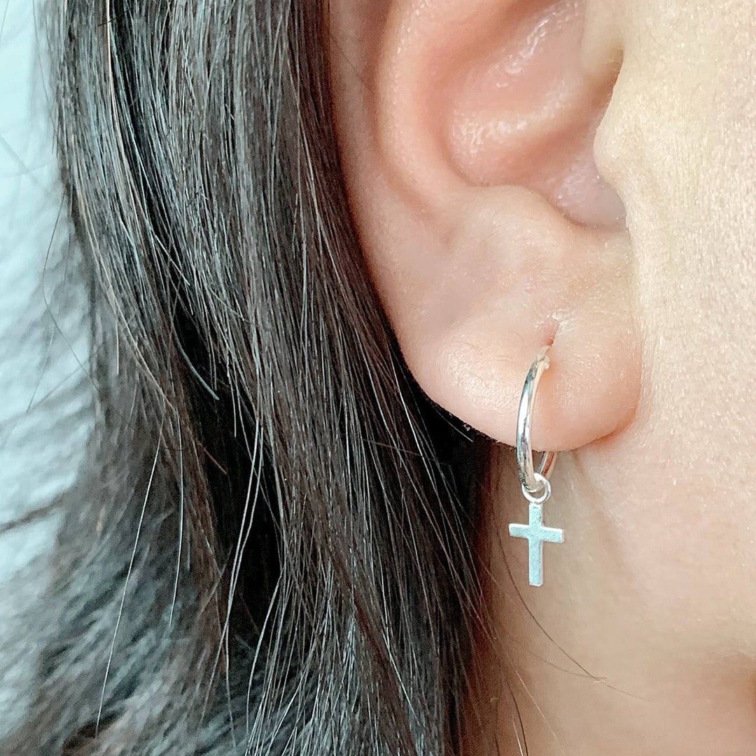 Cross Dangle Hoops, 925 Sterling Silver, Cross Earrings, Cross Hoop ...
