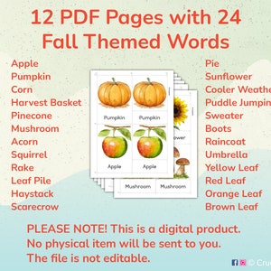Fall Themed 3-part Cards: Visual Cards & Words Matching. Autumn ...