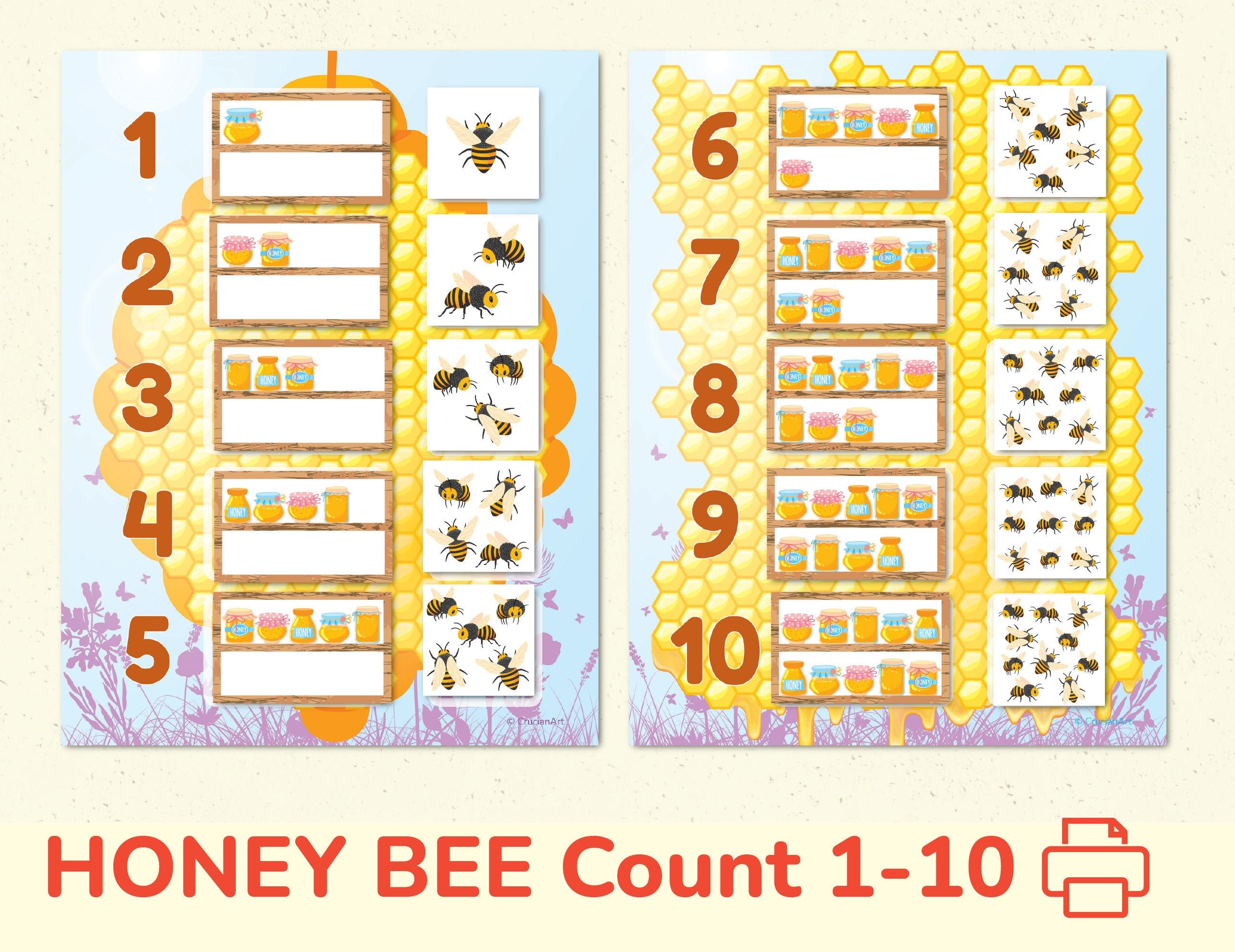 Honeybee Number 1-10 Match Printable Worksheet. Honey Bee - Etsy