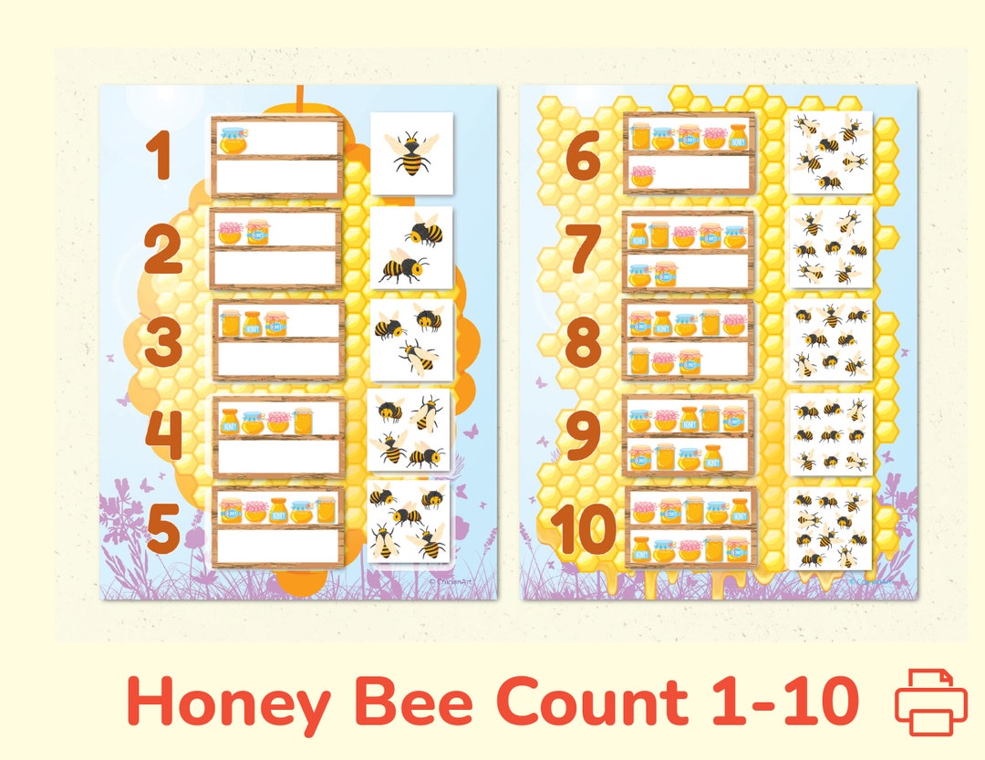 Honeybee Number 1-10 Match Printable Worksheet. Honey Bee Toddler and ...