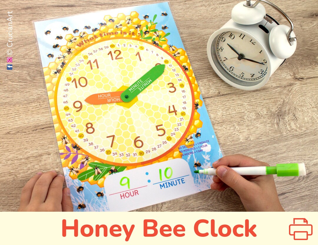 Honey Bee Printable Educational Clock. Learn to Tell Time Worksheet for ...