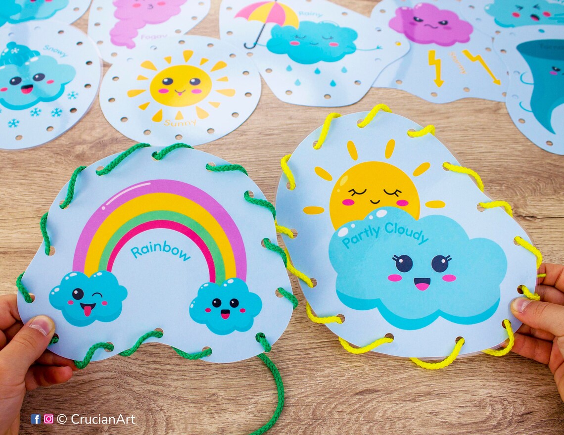 WEATHER Lacing Cards. Printable Fine Motor Skill Tying Toy for Toddler ...