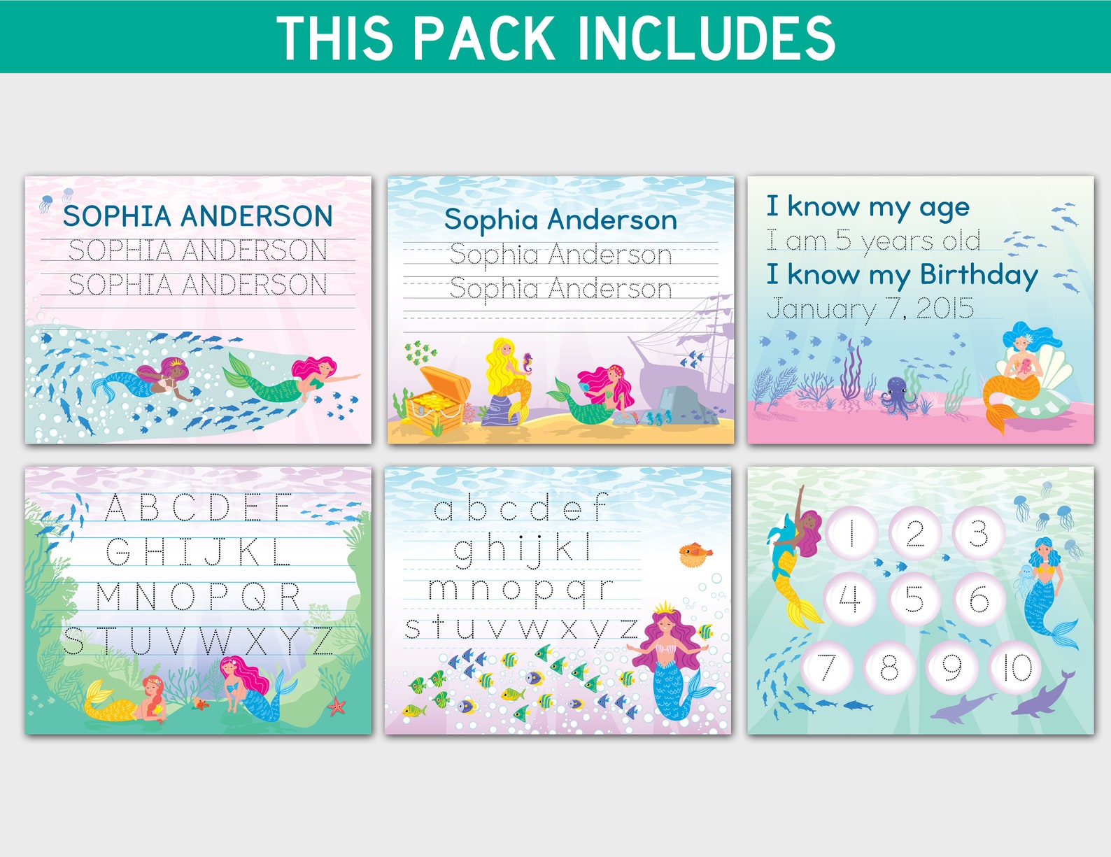 Custom Name Tracing Practice. Mermaid Handwriting Trace | Etsy