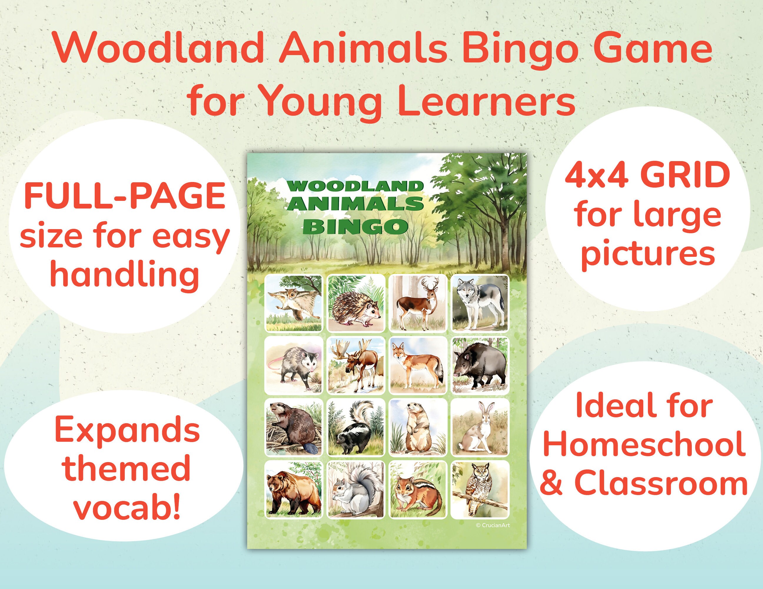 Woodland Animals Bingo Game: Printable Preschool, Kindergarten, Toddler ...