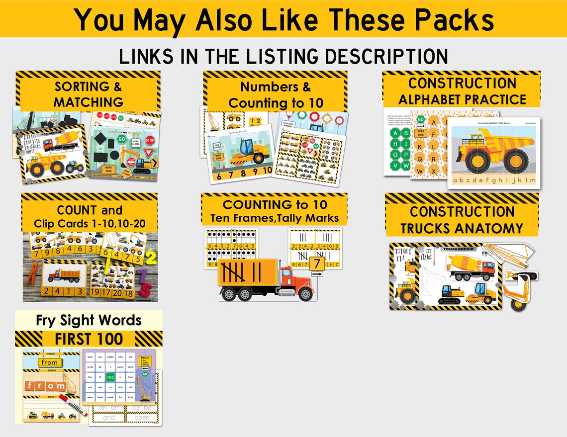 Construction Vehicles Sorting & Matching Printable Busy Book | Etsy